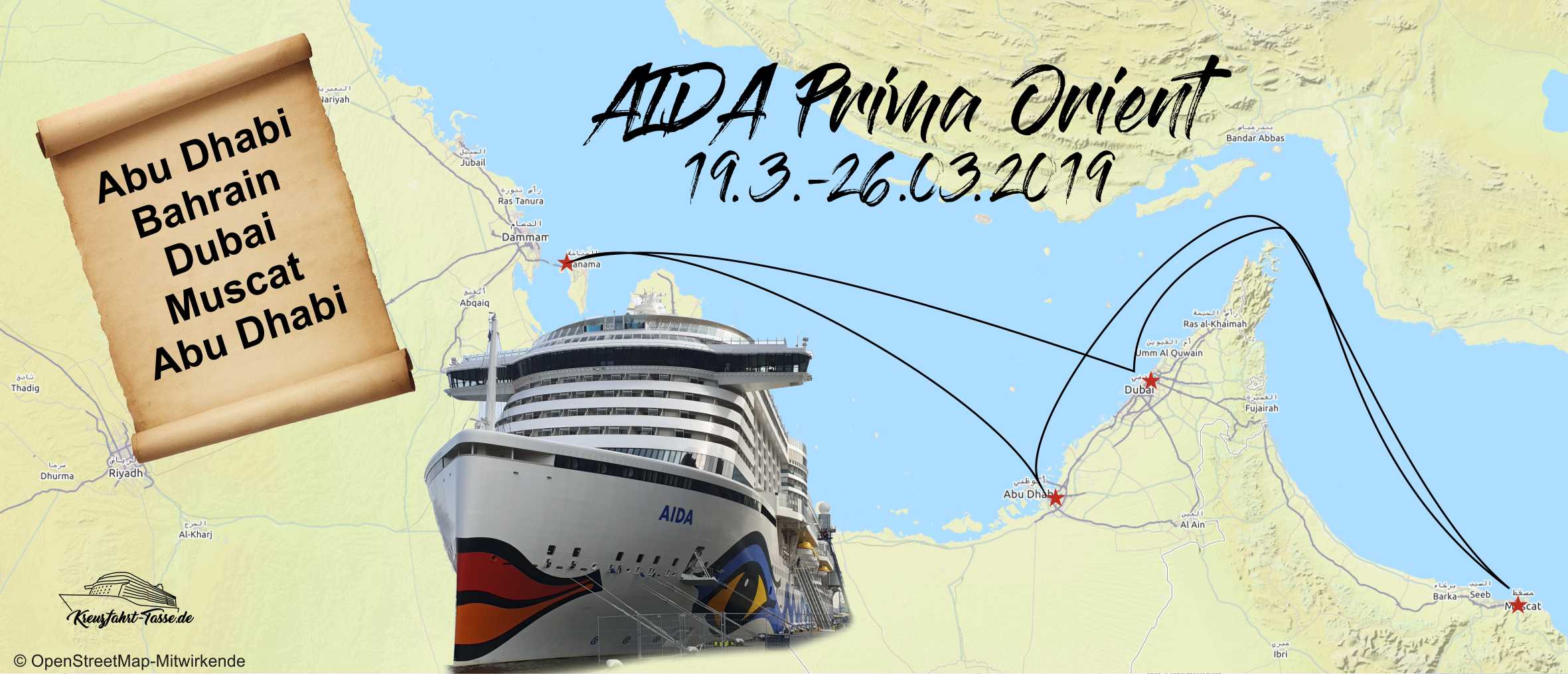 AIDAprima Orient 19.-26.3.2019 – Kreuzfahrt-Tasse.de